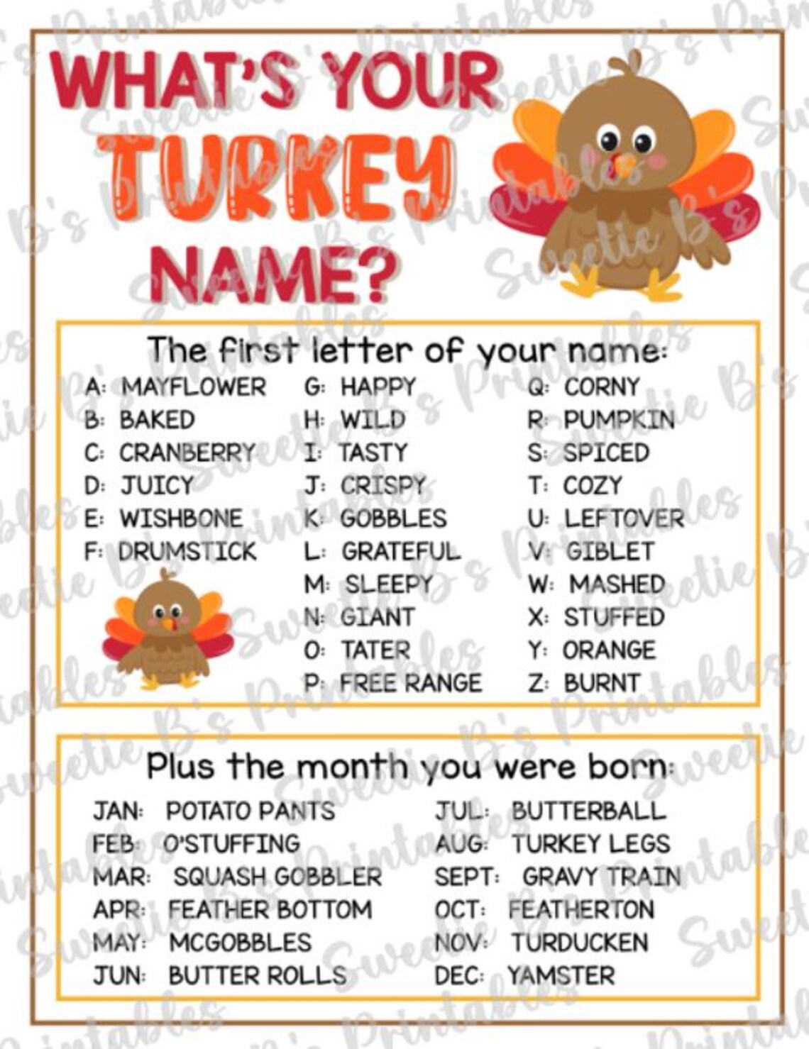 INSTANT DOWNLOAD What's Your Turkey Name Printable - Autumn Party Game ...