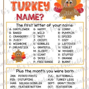 INSTANT DOWNLOAD What's Your Turkey Name Printable Autumn Party Game ...