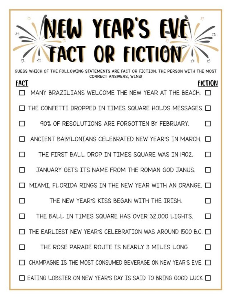 INSTANT DOWNLOAD New Year's Fact or Fiction Game Printable - Holiday ...