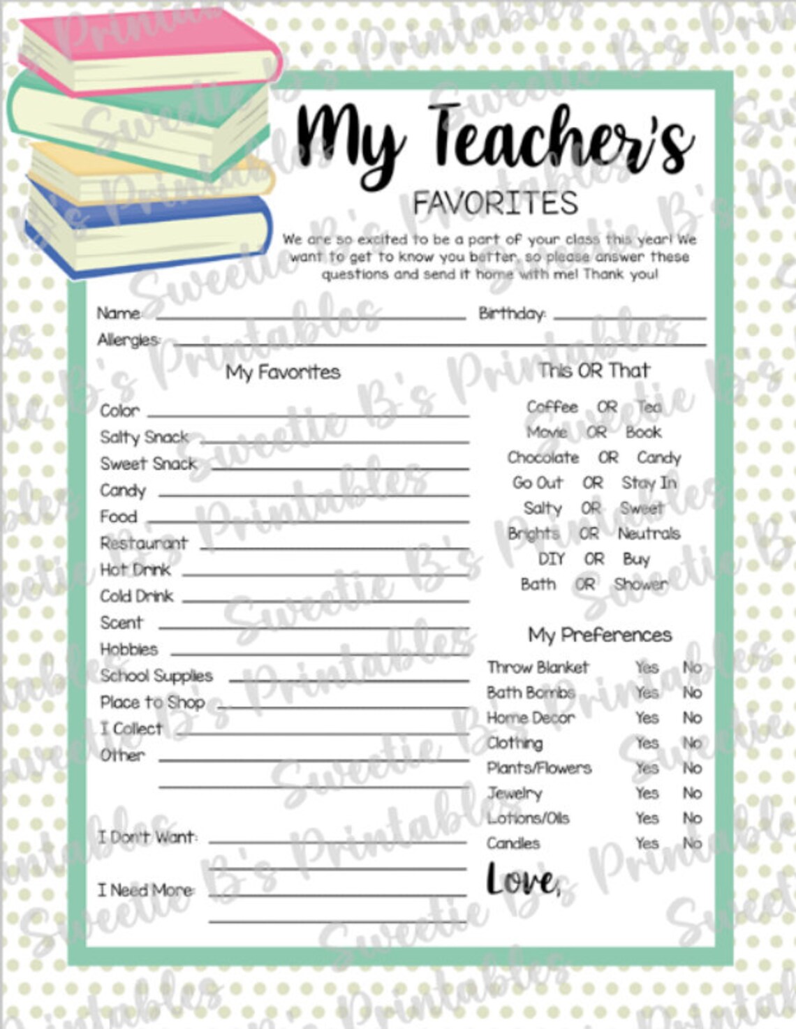 INSTANT DOWNLOAD Teacher Appreciation Survey Printable Teacher ...