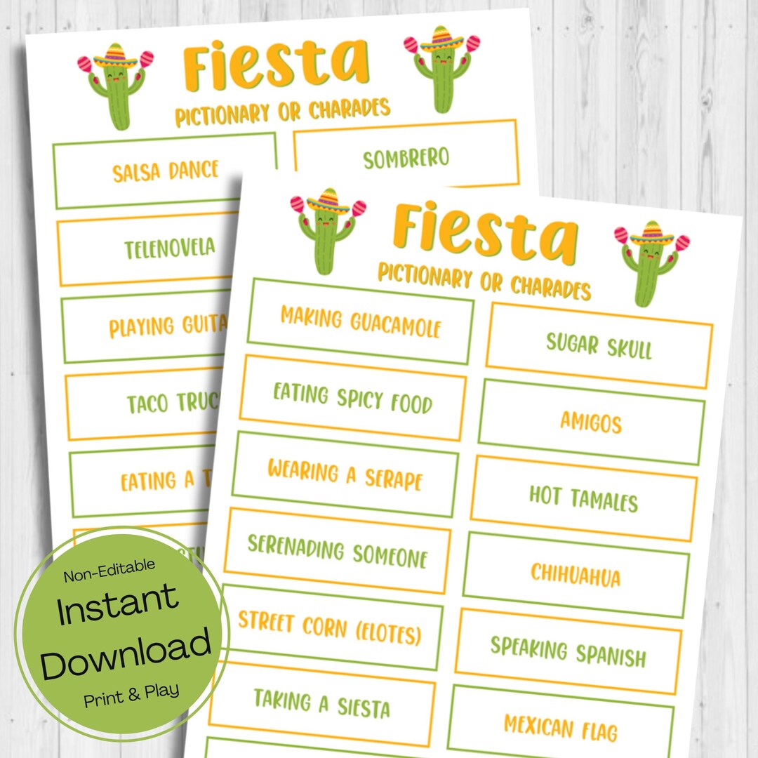 INSTANT DOWNLOAD Fiesta Pictionary or Charades Printable - Fiesta Party ...