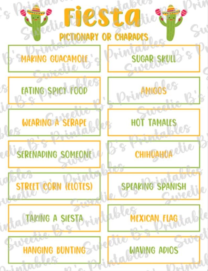 INSTANT DOWNLOAD Fiesta Pictionary or Charades Printable - Fiesta Party ...