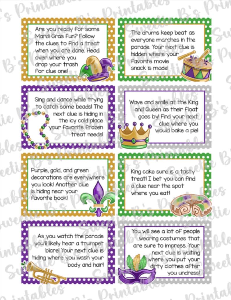 INSTANT DOWNLOAD Mardi Gras Treasure Hunt Printable - Mardi Gras Game ...