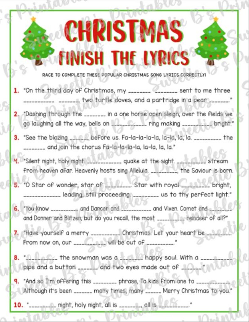 INSTANT DOWNLOAD Christmas Finish the Lyrics Game Printable - Holiday ...