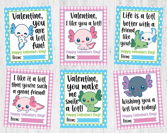 Axolotl Valentine Cards, 6 Different Cards, Amphibian Themed School ...