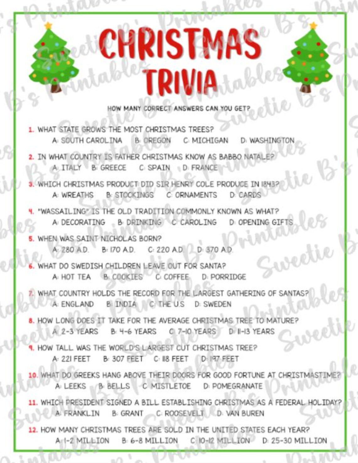 INSTANT DOWNLOAD Christmas Trivia Game Printable - Holiday Game ...