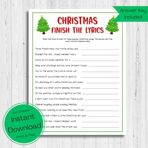 INSTANT DOWNLOAD Christmas Finish the Lyrics Game Printable - Holiday ...