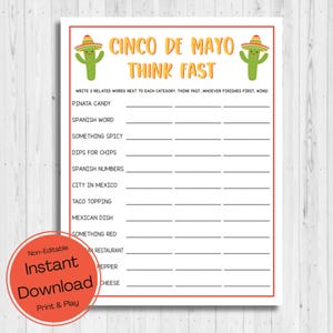 INSTANT DOWNLOAD Cinco De Mayo Think Fast Game Printable - Fiesta Game ...