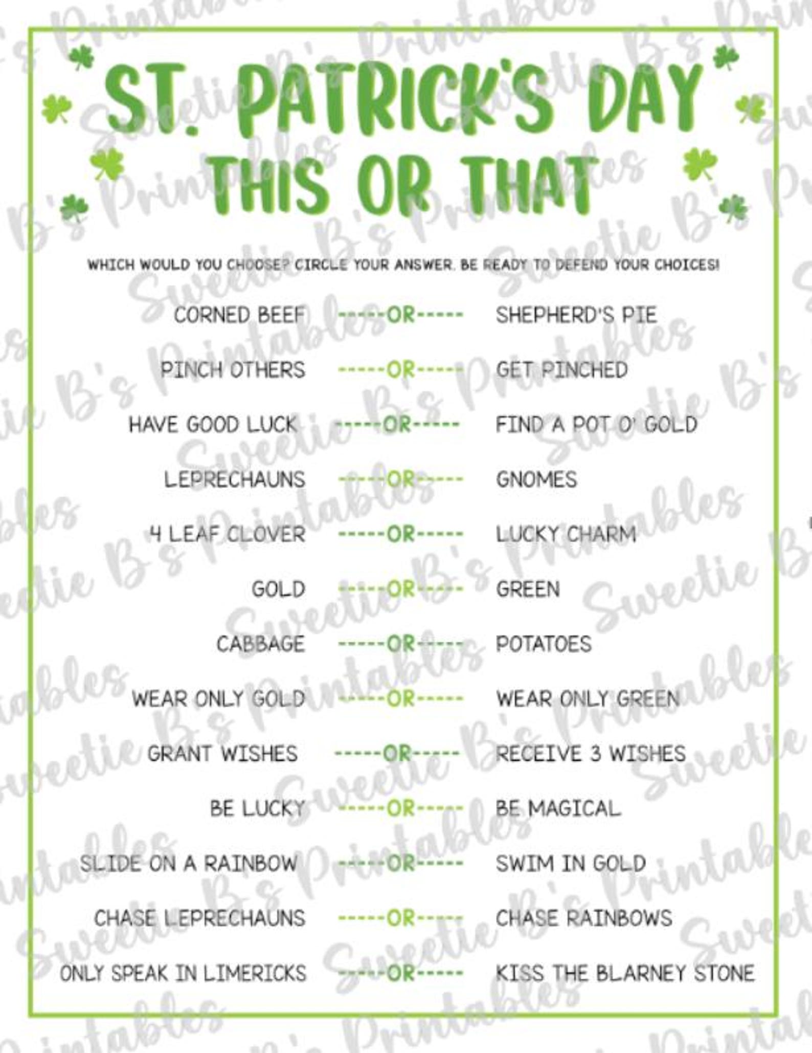 INSTANT DOWNLOAD St Patrick's Day This or That Game Printable - St ...