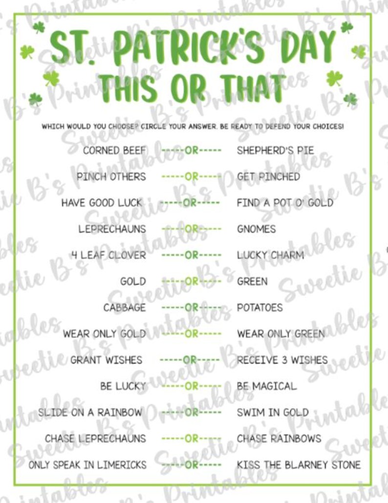 INSTANT DOWNLOAD St Patrick's Day This or That Game Printable - St ...