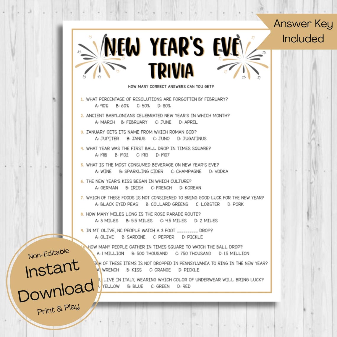 INSTANT DOWNLOAD New Year Trivia Game Printable - Holiday Game ...