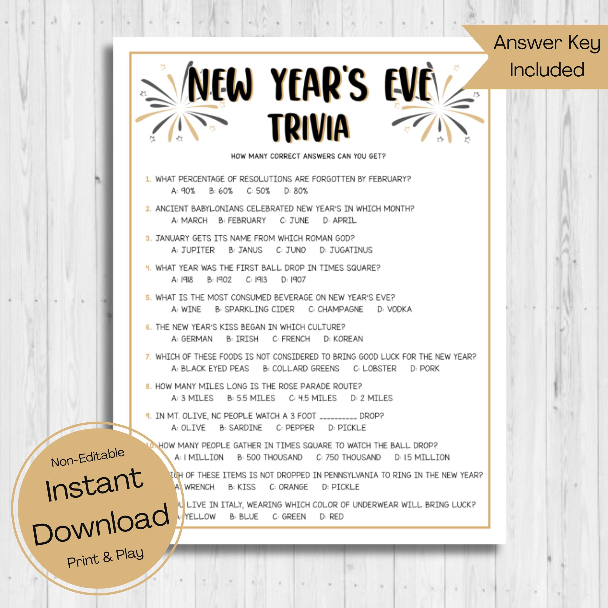 INSTANT DOWNLOAD New Year Trivia Game Printable - Holiday Game ...