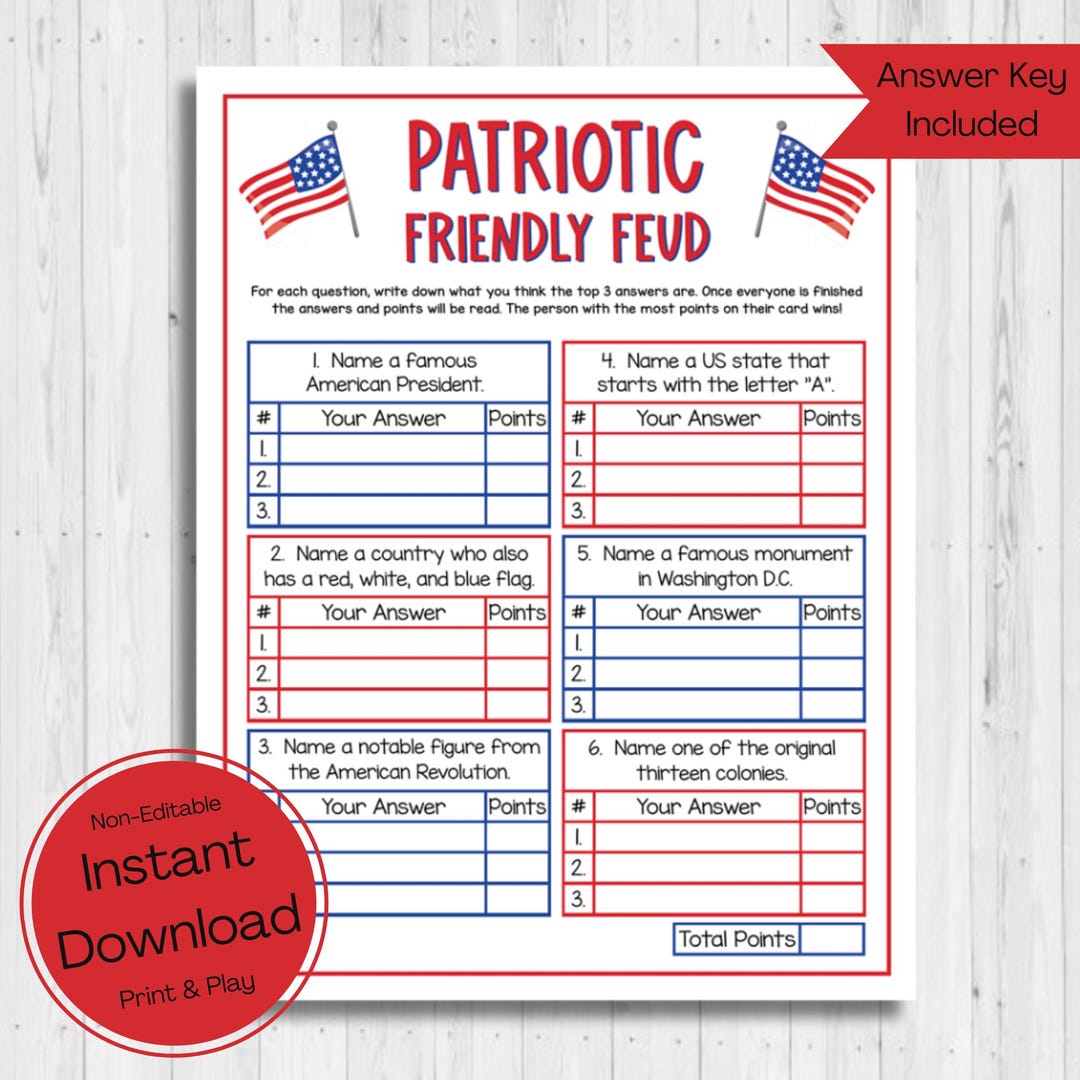 INSTANT DOWNLOAD Patriotic Friendly Feud Game Printable - 4th of July ...
