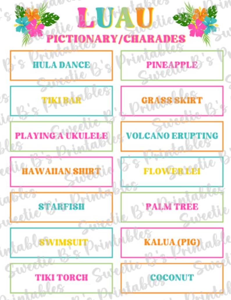 INSTANT DOWNLOAD Luau Pictionary or Charades Printable - Luau Game ...