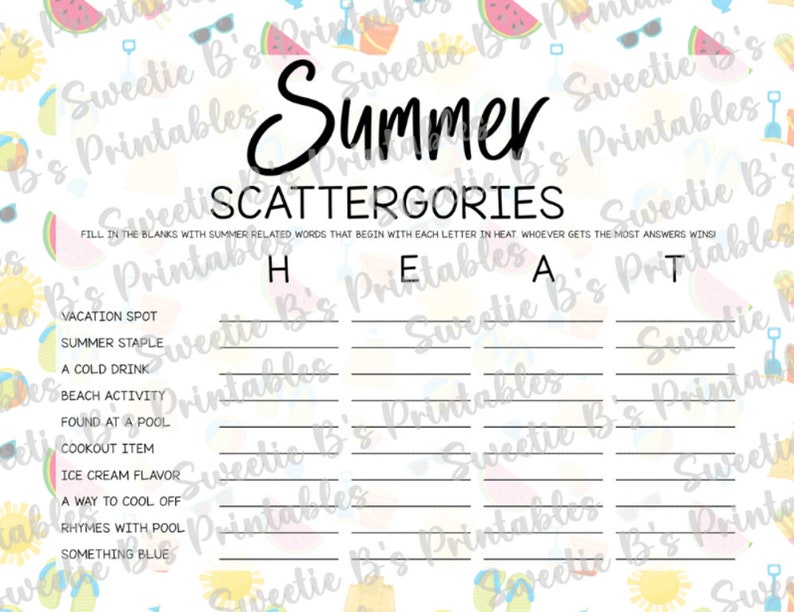 INSTANT DOWNLOAD Summer Scattergories Printable Game Summer Game ...