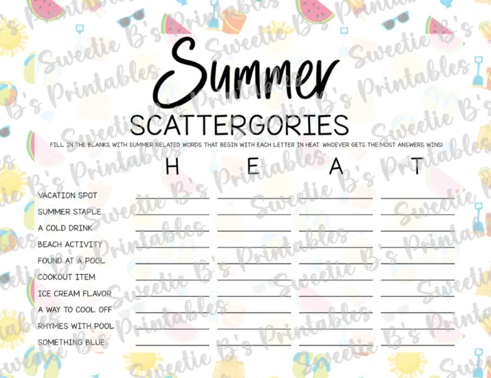 INSTANT DOWNLOAD Summer Scattergories Printable Game Summer Game ...