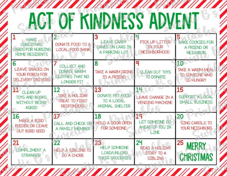 INSTANT DOWNLOAD Christmas Act of Kindness Advent Printable - Holiday ...