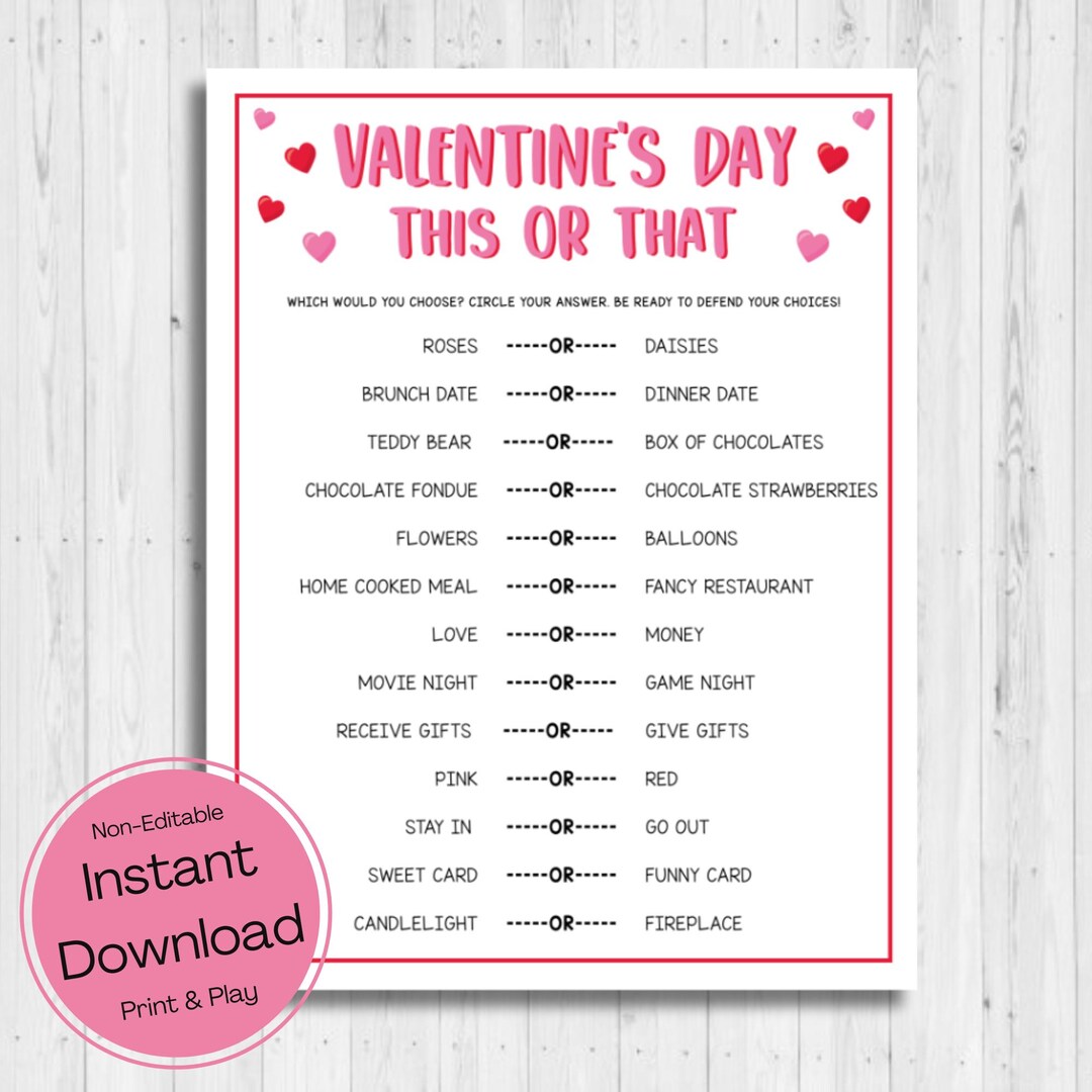 INSTANT DOWNLOAD Valentine's Day This or That Game Printable ...