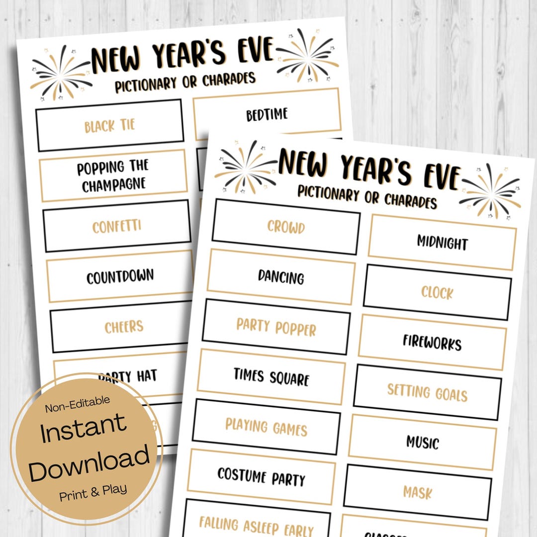 INSTANT DOWNLOAD New Year's Eve Pictionary or Charades Printable - NYE ...