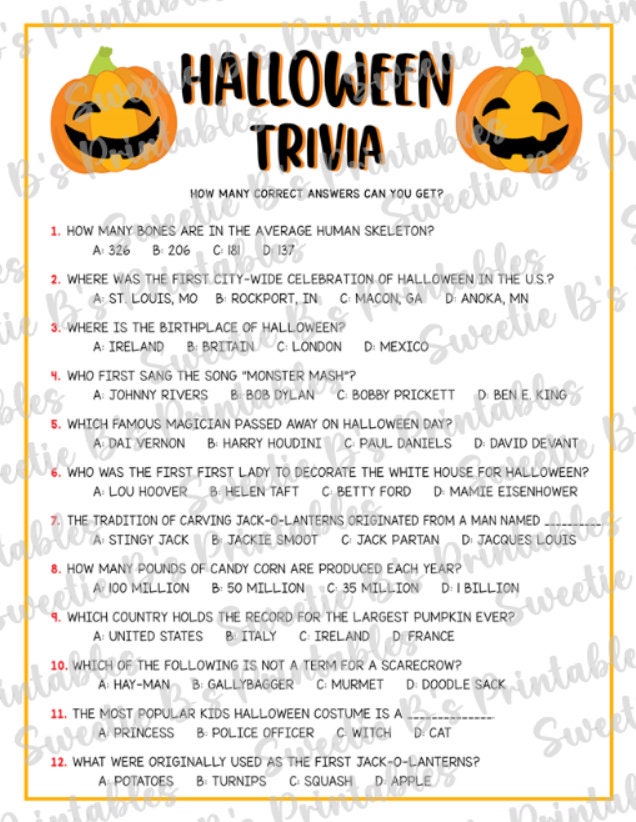 INSTANT DOWNLOAD Halloween Trivia Game Printable - Autumn Game ...