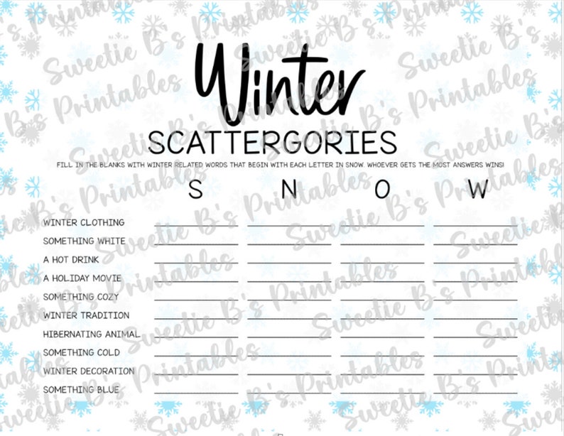 INSTANT DOWNLOAD Winter Scattergories Printable Game - Winter Game ...