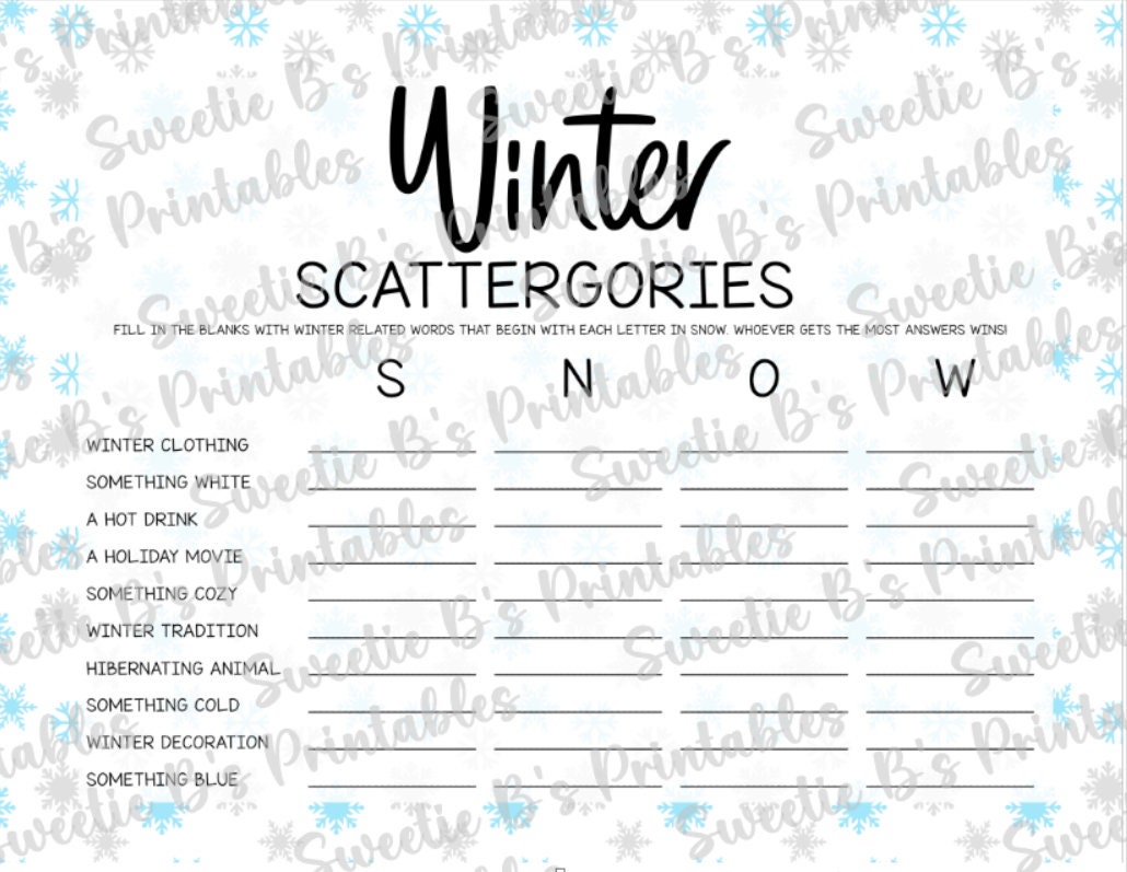 INSTANT DOWNLOAD Winter Scattergories Printable Game Winter Game ...
