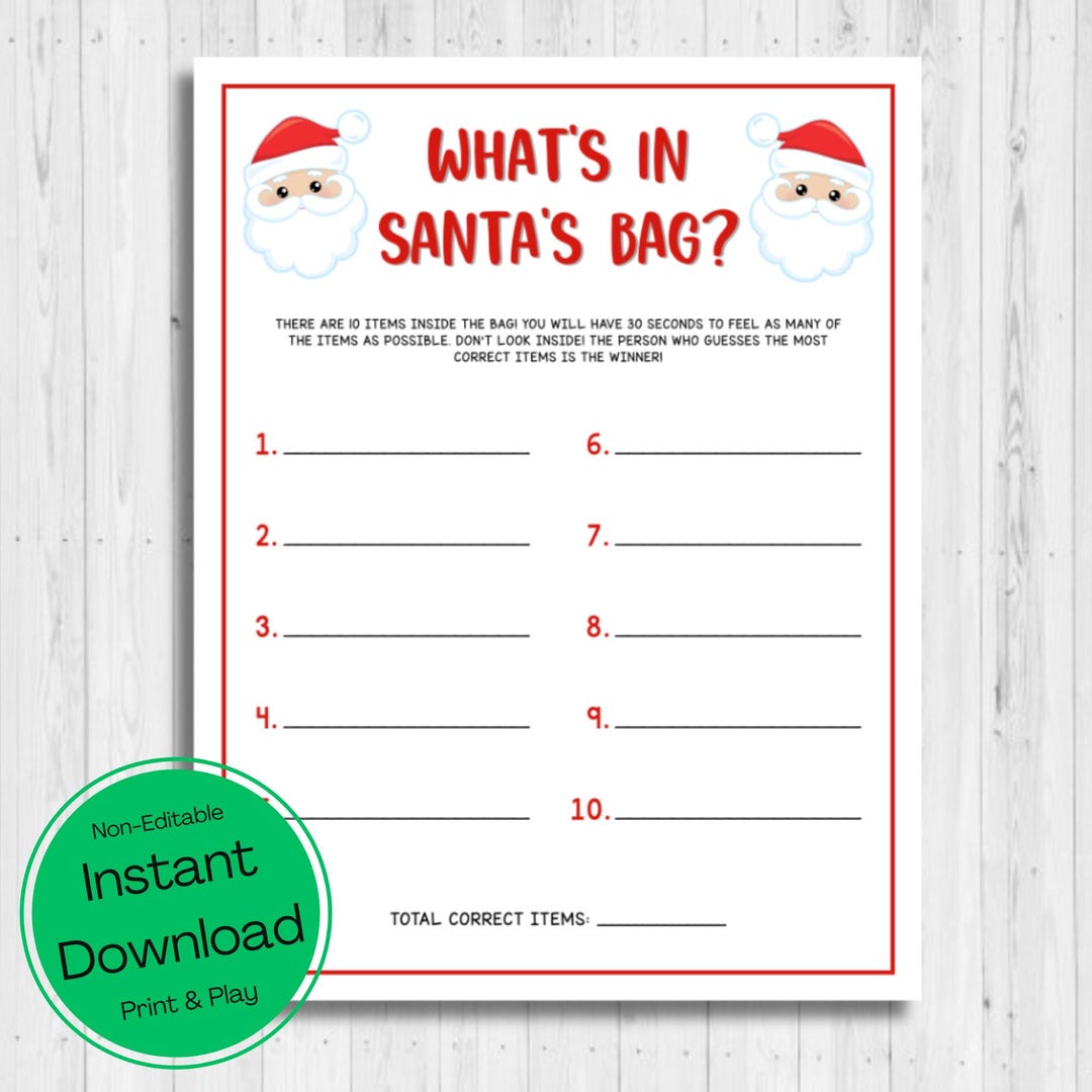 INSTANT DOWNLOAD What's in Santa's Bag Game Printable - Holiday Game ...