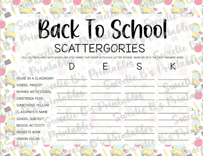 INSTANT DOWNLOAD Back to School Scattergories Printable Game - Back to ...