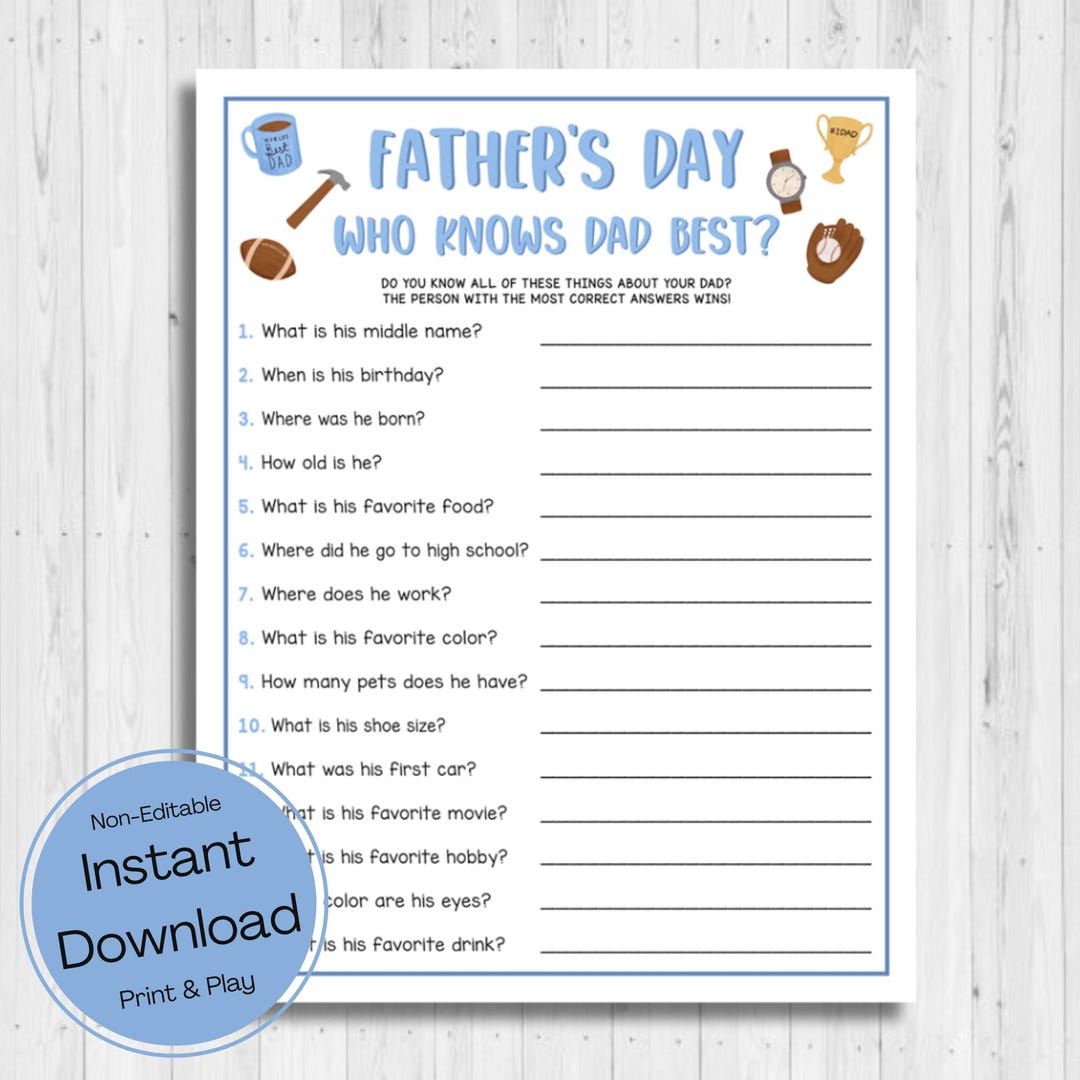 INSTANT DOWNLOAD Father's Day Trivia Game Printable - Father's Day ...