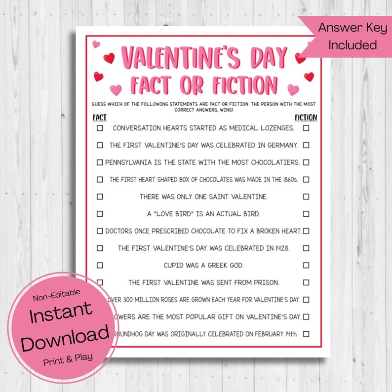 INSTANT DOWNLOAD Valentine's Day Fact or Fiction Game Printable ...
