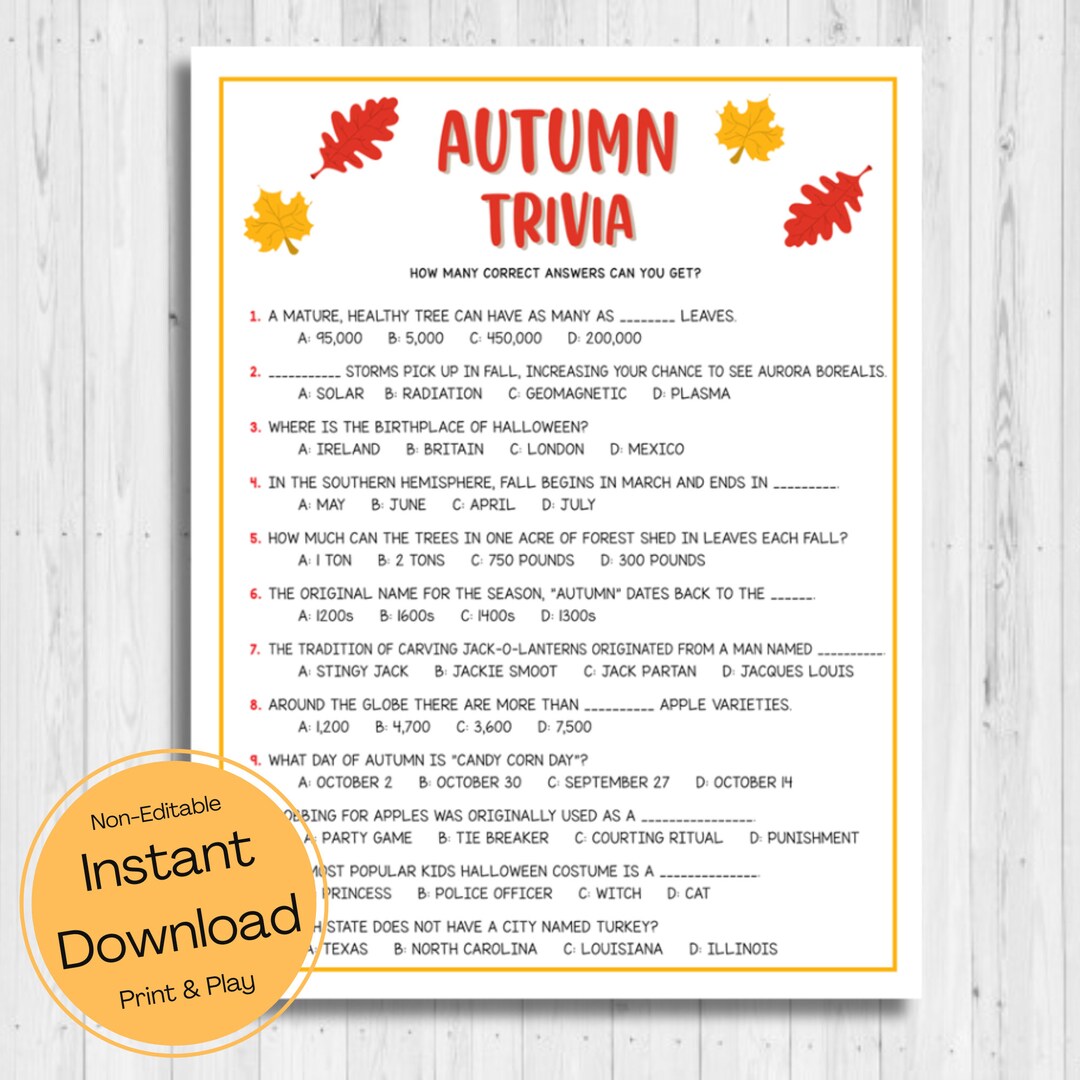 INSTANT DOWNLOAD Autumn Trivia Game Printable - Autumn Game Printable ...