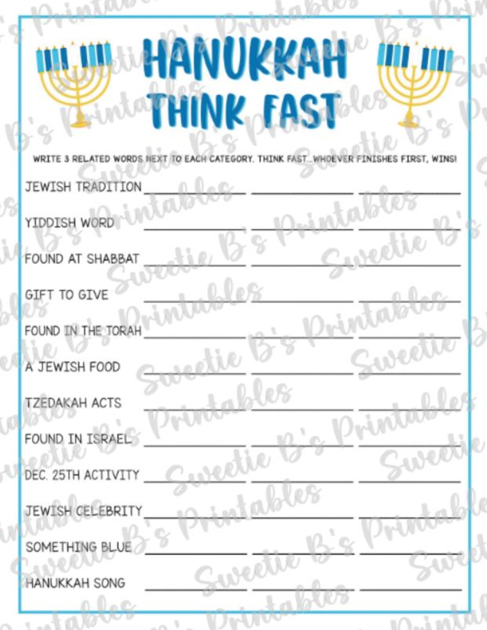 INSTANT DOWNLOAD Hanukkah Think Fast Printable - Hanukkah Game ...