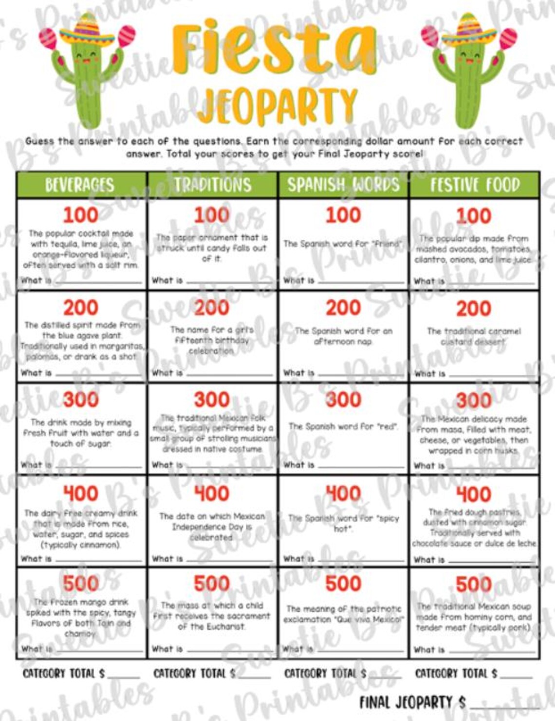 INSTANT DOWNLOAD Fiesta Jeoparty Game Printable - Fiesta Game Printable ...
