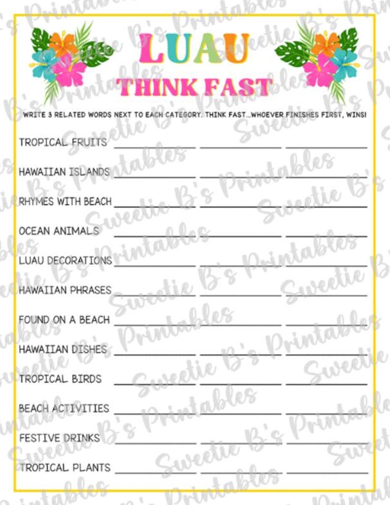 INSTANT DOWNLOAD Luau Think Fast Game Printable - Luau Activity ...