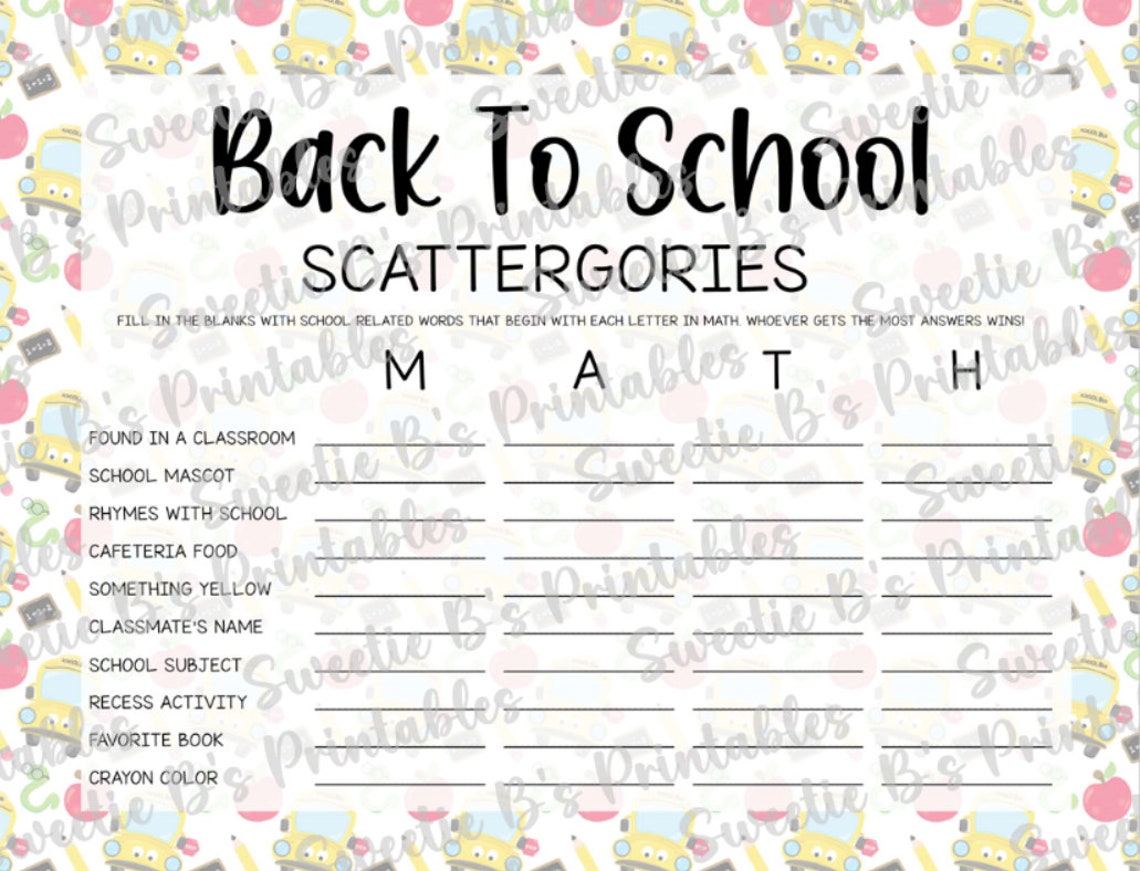 INSTANT DOWNLOAD Back to School Scattergories Printable Game - Back to ...