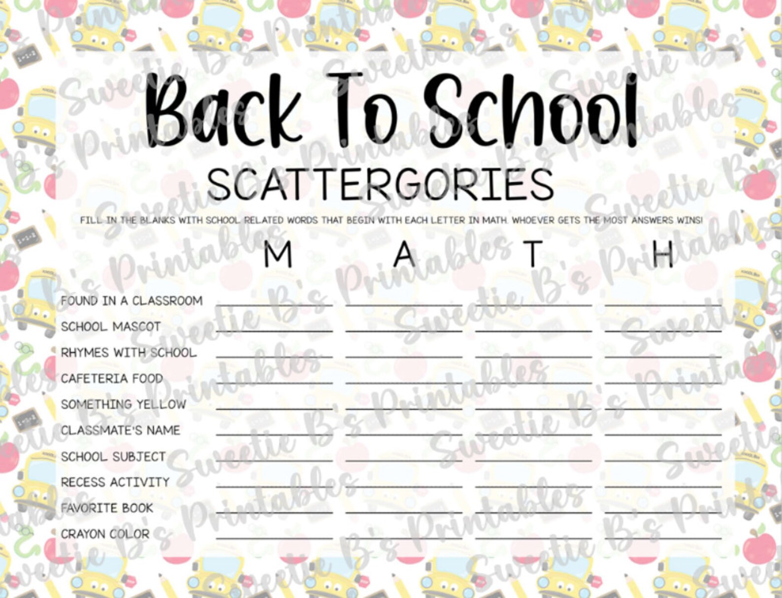 INSTANT DOWNLOAD Back to School Scattergories Printable Game - Back to ...