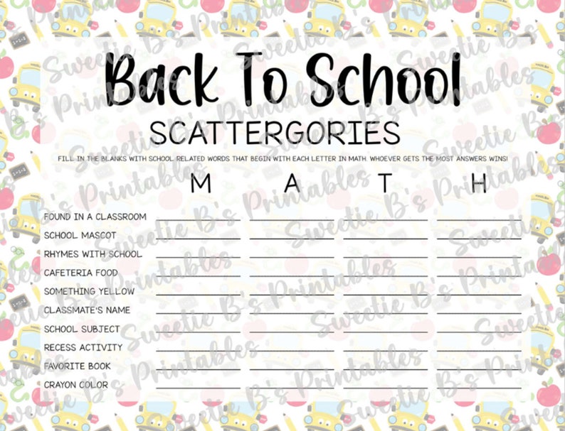 INSTANT DOWNLOAD Back to School Scattergories Printable Game - Back to ...