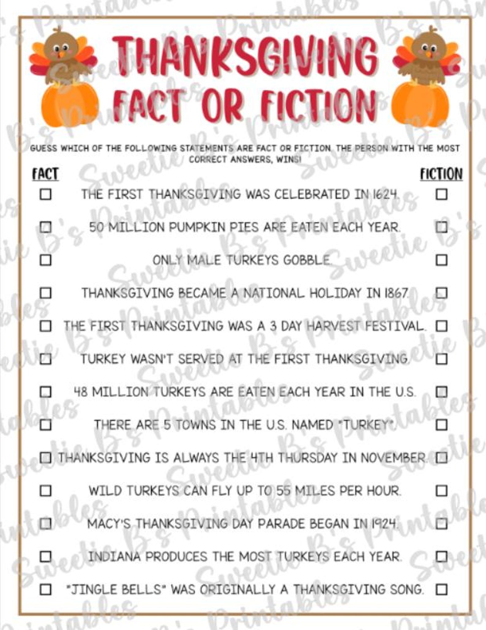 INSTANT DOWNLOAD Thanksgiving Fact or Fiction Game Printable - Autumn ...
