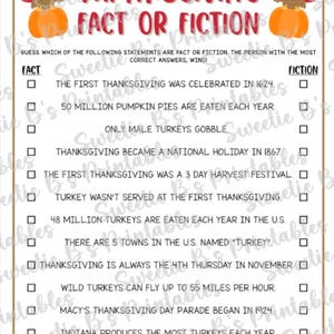 INSTANT DOWNLOAD Thanksgiving Fact or Fiction Game Printable - Autumn ...