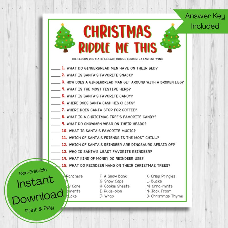 INSTANT DOWNLOAD Christmas Riddle Game Printable - Holiday Game ...