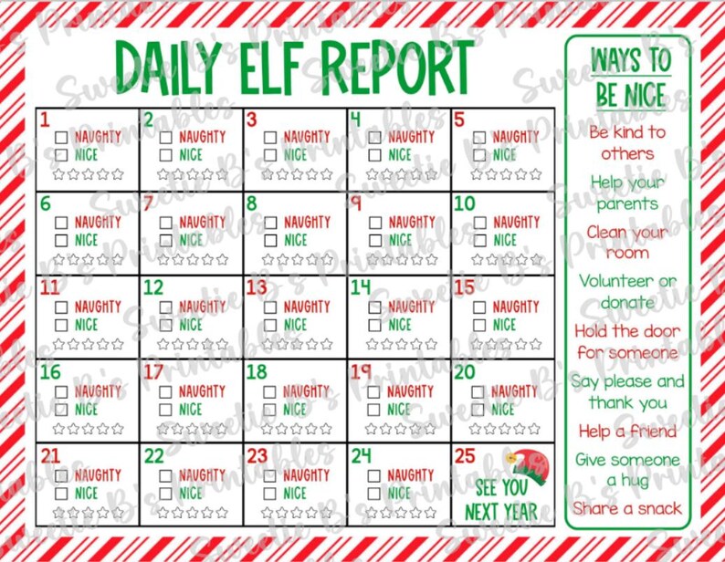 INSTANT DOWNLOAD Elf Report Calendar Printable - Christmas Elf ...