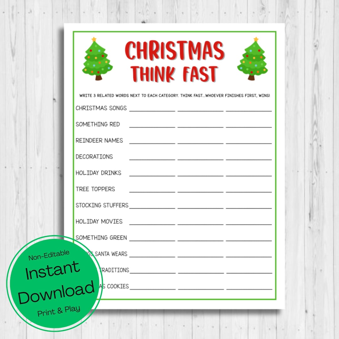 INSTANT DOWNLOAD Christmas Think Fast Game Printable - Holiday Game ...