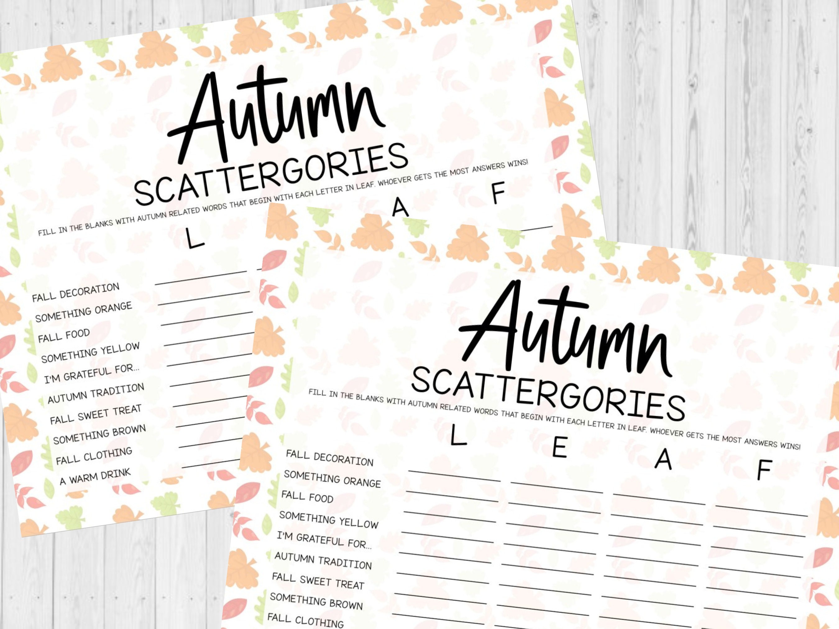 INSTANT DOWNLOAD Autumn Scattergories Printable Game - Autumn Game ...