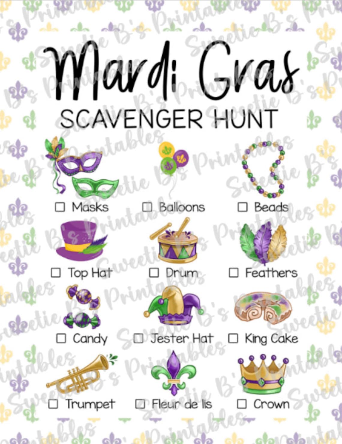 INSTANT DOWNLOAD Mardi Gras Scavenger Hunt Printable - Mardi Gras Game ...