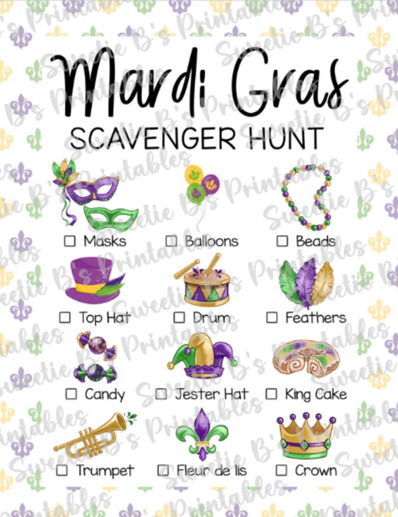 INSTANT DOWNLOAD Mardi Gras Scavenger Hunt Printable - Mardi Gras Game ...
