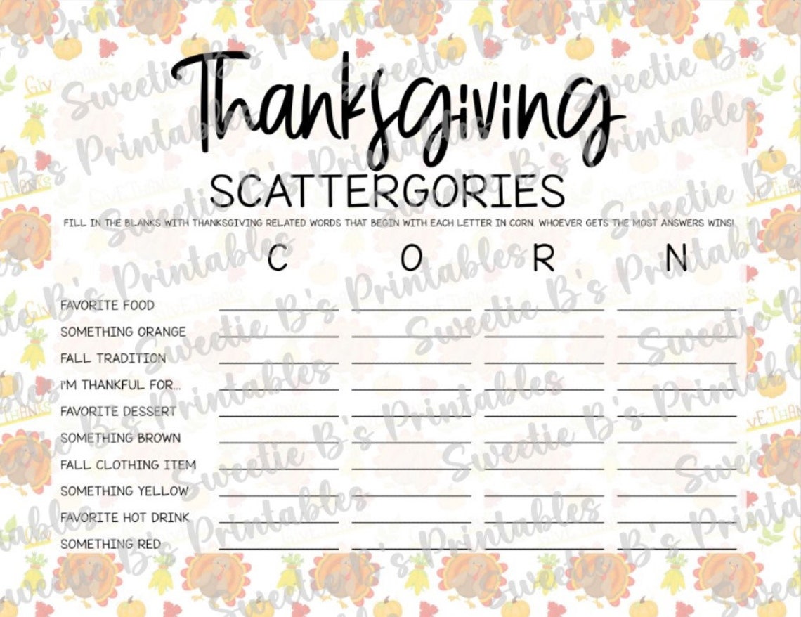 INSTANT DOWNLOAD Thanksgiving Scattergories Printable Game ...