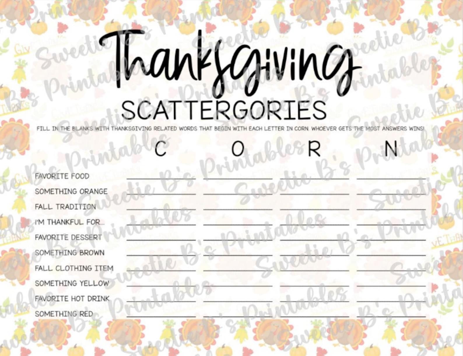 INSTANT DOWNLOAD Thanksgiving Scattergories Printable Game ...
