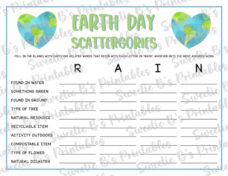 INSTANT DOWNLOAD Earth Day Scattergories Printable Game - Earth Day ...
