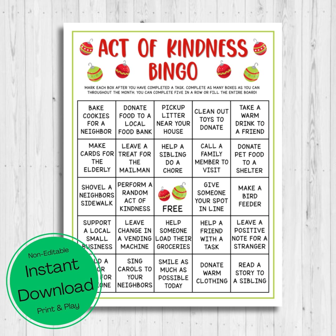 INSTANT DOWNLOAD Christmas Acts of Kindness Bingo Printable - Holiday ...