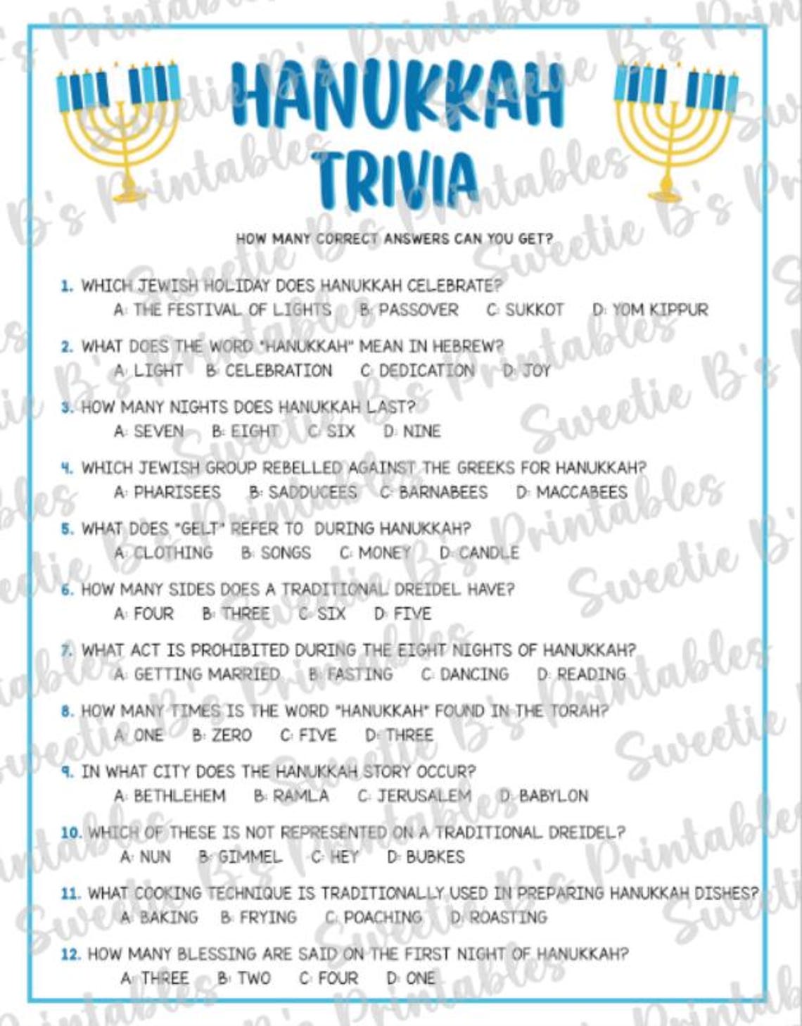 INSTANT DOWNLOAD Hanukkah Trivia Game Printable - Holiday Game ...